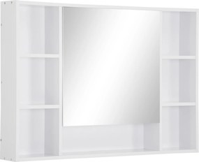 Kleankin koupelnové zrcadlo s otevřenými policemi a zrcadlovými dveřmi skříňky, úsporná bílá koupelnová skříňka, 100x15x70cm