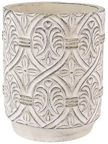 Šedý antik cementový obal na květináč s ornamentem – 14x18 cm