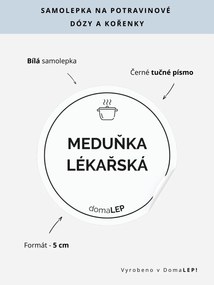 MEDUŇKA LÉKAŘSKÁ – bílá samolepka na dózu, tučné písmo, 5 cm | DomaLEP