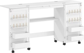 HOMCOM Skládací šicí stůl s 2 magnetickými dveřmi, pojízdný tvořivý stůl s 4 boxy, 20 držáků, úložný prostor, bílá