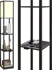 HOMCOM stojací lampa s policemi, nastavitelným světlem, nožním spínačem a USB porty, černá