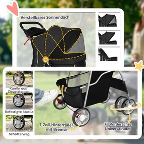 PawHut Skládací kočárek pro psy s reflexními pruhy Úložný koš Polštář pro malé psy do 10 kg 77x44x102 cm Černá barva