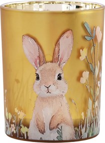Žlutý skleněný svícen s králíčkem M - Ø 10*13 cm