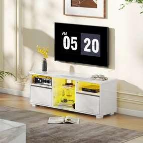 HOMCOM TV skříň 120 cm, TV stojan pro televize až do 55 palců s LED osvětlením a dálkovým ovládáním, bílé skleněné police