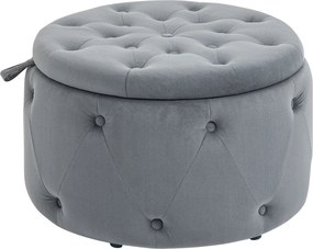 HOMCOM Úložný taburet, polstrovaný podnoh s víkem, kulatý puff, taburet s sametovým povrchem, knoflíky pro obývací pokoj, šedý, Ø60 x 40 cm | Aosom