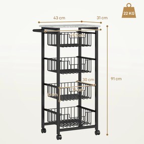 HOMCOM Kuchyňský Vozík Skladovací Stojan na Zeleninu s 4 Klouzavými Koši a Ocelovým Rámem Mobilní Vozík na Kolečkách pro Jídelnu 49,5x31x91 cm Světlá…