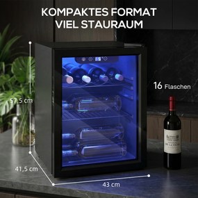 HOMCOM Chladnička na víno pro 16 lahví, kapacita 48 l, 4–16 °C, vestavná chladnička na nápoje a pivo, se skleněnými dveřmi, LED osvětlení