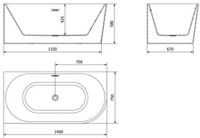 Mexen Mia, volně stojící rohová vana levá 140 x 75 cm, bílá/černá, zlatý matný přepad, 52691407575L-55