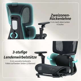 HOMCOM ergonomická kancelářská židle — nastavitelná bederní opora a opěrka hlavy, 5D područky, dělené opěradlo, výsuvná opěrka nohou, výškově nastavi…