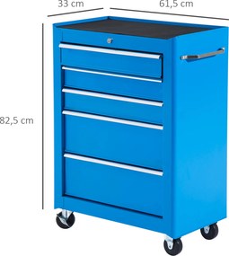 Skříňka na nářadí, box na nářadí, 5 zásuvek, na kolečkách, ocel, modrá
