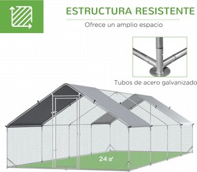 PawHut Velký venkovní kurník 24 m² pro 16-24 slepic 3x8x2 m Galvanizovaný ocelový kurník s PE krytem a zámkem - Stříbrný