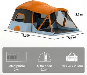 Outsunny tunelový rodinný stan pro 4 osoby s oddělenými ložnicemi a obytnou částí, střešními okny, PE podlážkou, voděodolnost 3000 mm – oranžovo-modrý