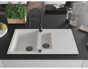 Mexen Matias, granitový dřez 900x505x200 mm, 1,5-komorový a dřezová baterie Aster, bílá, 6502-20-73450-70-B