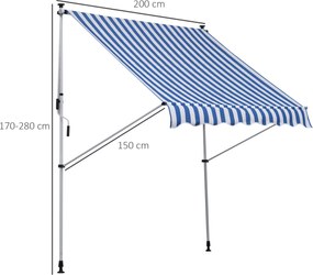 Outsunny markýza se skládacím ramenem, výškově nastavitelná markýza 200x150cm modrá/bílá z hliníku pro terasu a balkon | Aosom.de