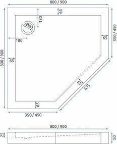 Rea Diamond, 5-úhelníkový sprchový kout 90x90, 6mm čiré sklo, zlatý matný profil + bílá sprchová vanička, KPL-K6506