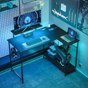 HOMCOM rohový herní stůl s LED, zásuvkami, držákem monitoru a policí, černý