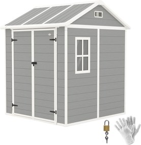 Zahradní kůlna Outsunny s povrchem připomínajícím staré dřevo, 2,91 m², s dvojitými dveřmi a zámkem, šikmou střechou, 181x181x220 cm, šedá | Aosom