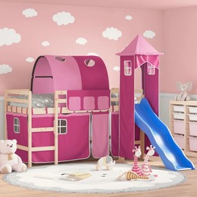 vidaXL Dětská patrová postel s věží bílá a 90 x 190 cm borovice [3207111] Barva: Přírodní a růžová