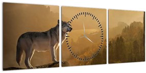 Obraz vlka na skále (s hodinami) (90x30 cm)