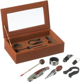 Hnědý box z umělé kůže s doplňky na víno Cognacco - 23*13*6 cm