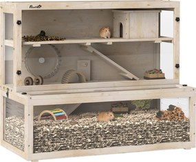 PawHut dřevěná klec pro křečky, 100 × 50 × 84 cm – 3patrový domek pro malé hlodavce s okénkem, běhacím kolem, rampou a domečkem – přírodní dřevo