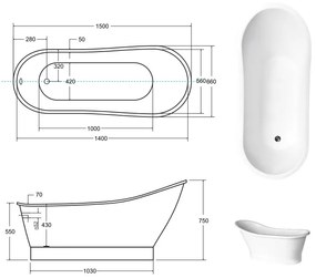 Besco Gloria volně stojící vana, litý mramor Délka vany: 150cm