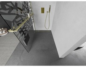 Mexen Kioto+ L, sprchová zástěna Walk-In s poličkou a věšákem 110 x 200 cm, 8mm čiré sklo bílý vzor, ​​zlatý matný profil, 800-110-123-55-85