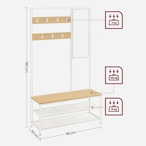 Věšák na kabáty s úložným prostorem na boty, předsíňová stěna se zrcadlem a policemi na boty 35x98x180 cm, barva dub a bílá