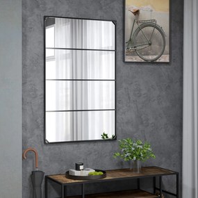 HOMCOM Obdélníkové zrcadlo s industriálním stylem a mřížkovým vzorem, horizontální nebo vertikální, s 4 háčky, černý kov - 109 x 69 cm