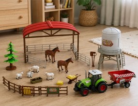 LEAN Toys Sada „Farma“ s traktorem, stájí, silem, figurkami zvířat a nářadím, 49 dílů