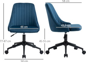 Vinsetto Otočná kancelářská židle Ergonomický design s nastavitelnou výškou 360° otočná pěnová sametová polyesterová modrá 50 x 58 x 77-87 cm