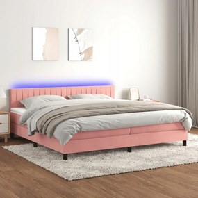 Box Spring Postel S Matrací A Led Samet Růžová Svislé pruhy 200 x 200 cm