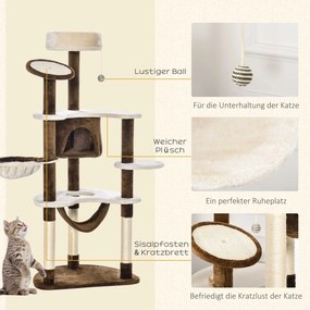 PawHut škrabadlo XXL kočičí strom 153H cm s kočičí jeskyní, houpací síť, šplhací strom pro kočky, plyš, hnědá barva pro hraní a relaxaci | Aosom.de