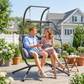 Outsunny závěsné křeslo s skládacím stojanem, závěsný košík s polštářem, ergonomické houpací křeslo z poly ratanového materiálu pro 2 osoby, závěsné …