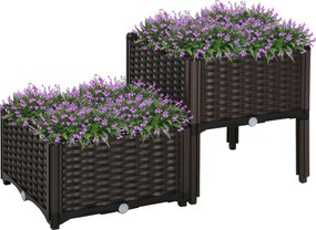 Vyvýšený záhon Outsunny, květináč s drenážními otvory, květinová box v ratanovém vzhledu, plast, hnědá, 40 x 40 x 44 cm | Aosom