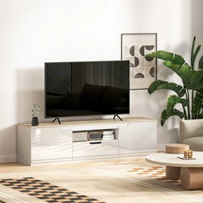 HOMCOM TV nízká komoda, vysoký lesk, pro televizi až 65'', 3 přihrádky, zásuvka, 160 x 38 x 43 cm, přírodní dřevo