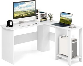 Costway Psací stůl ve tvaru L se 2 otvory pro kabel a úložnými přihrádkami, bílý