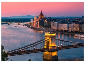 Skleněný obraz - Panorama města, Budapešť, Maďarsko (70x50 cm)