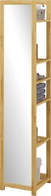 HOMCOM Koupelnová sloupová skříň s zrcadlem a 6 policemi v přírodním bambusu, 35D x 35Š x 168V cm