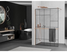 Mexen Kioto+, sprchová zástěna Walk-In s poličkou a věšákem 110 x 200 cm, 8mm čiré sklo černý vzor, ​​měděný matný profil, 800-110-121-65-78