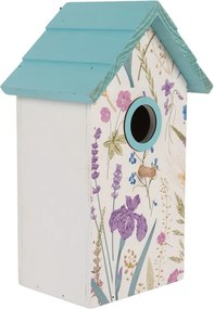 Bílo-modrá dřevěná ptačí budka s květy Birdhouse - 15*10*22 cm