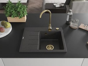 Mexen Ben, 1-komorový granitový dřez 600x500x190 mm, pravý + zlatý sifon, černá skvrnitá, 6523605000-76-G