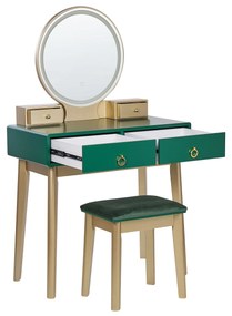 Toaletní stolek se 4 zásuvkami LED zrcadlem a stoličkou zelený/zlatý FEDRY Beliani
