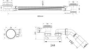 Erga Pureline, vanová odtoková a přepadová souprava, délka 800 mm, bowden, chromová, ERG-V08-PURELINE-SIPHON80-CR
