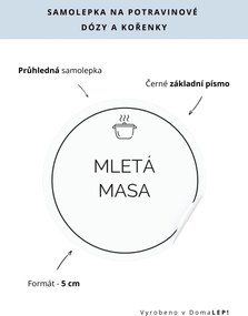 Samolepka na kořenky MLETÁ MASA průhledná 5 cm základní písmo