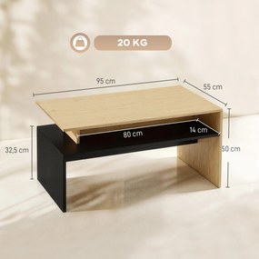 HOMCOM Moderní dvoubarevný konferenční stolek s posunutými úrovněmi a odkládacím prostorem, 95 x 55 x 50 cm, přírodní dřevo a černá