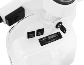 Ramiz Elektrický skútr Vespa pro děti bílý + pomocná kolečka + audio + ekokůže + EVA + plynulý start