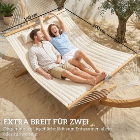Houpací síť Outdoor 200x140 cm, dvouvrstvá houpací síť s kapsou na zásobník na hlavu, dřevěné tyče do 200 kg