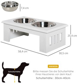 PawHut Zvýšená miska pro psy Miska na krmivo s nerezovými miskami 58,4x30,5x25,4cm MDF Protiskluzová Snadná údržba Bílá pro psy | Aosom.de