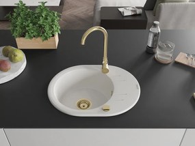 Mexen Kevin, granitový dřez 586x458x190 mm, 1-komorový, bílá se zlatým sifonem, 6517581005-20-G